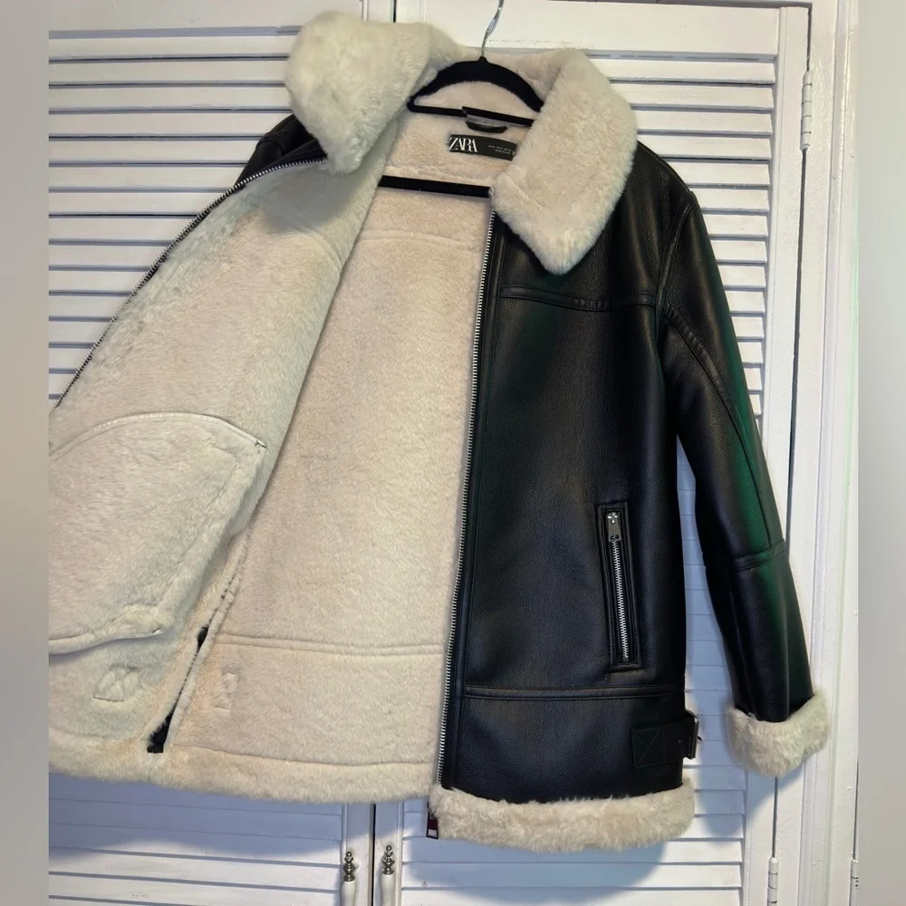 Zara | Jackets & Coats | 23 Zara Oversized Faux Leather And Fur Aviator ...